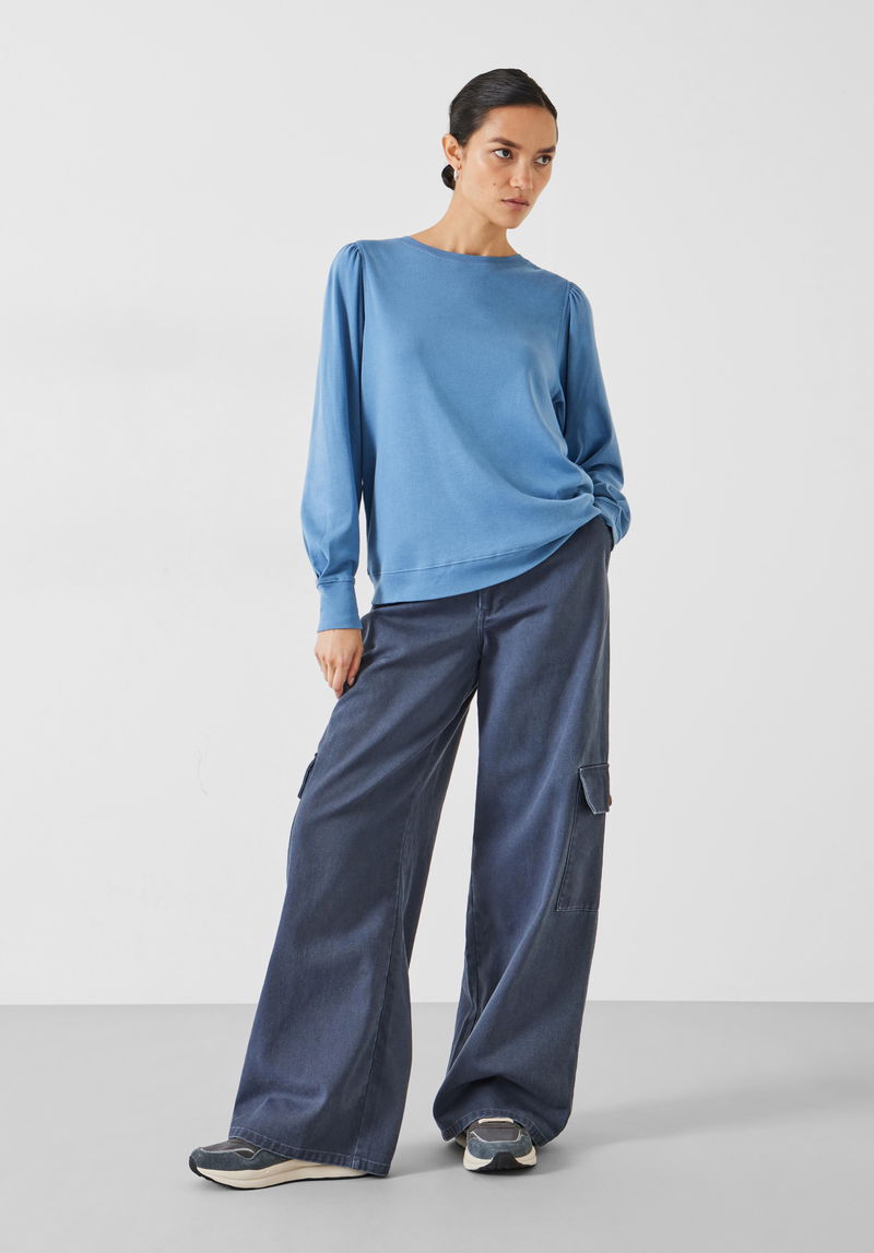 HUSH Emily Puff Sleeve Jersey Top in Dusty Blue | Endource