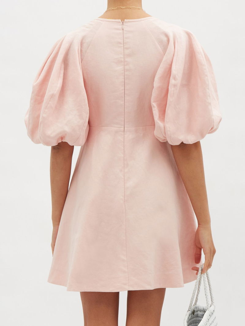 ZIMMERMANN Dancer Puff-Sleeve Linen Mini Dress in Pink | endource