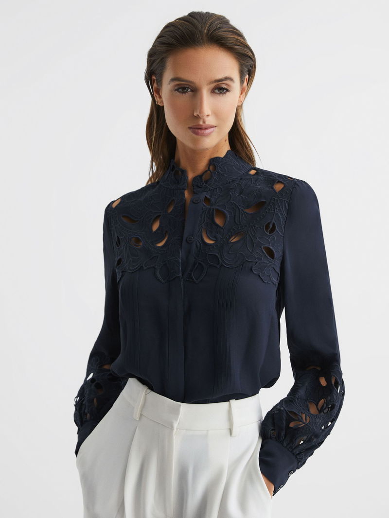 REISS Sophie Lace Detail Shirt Blouse in Navy | endource