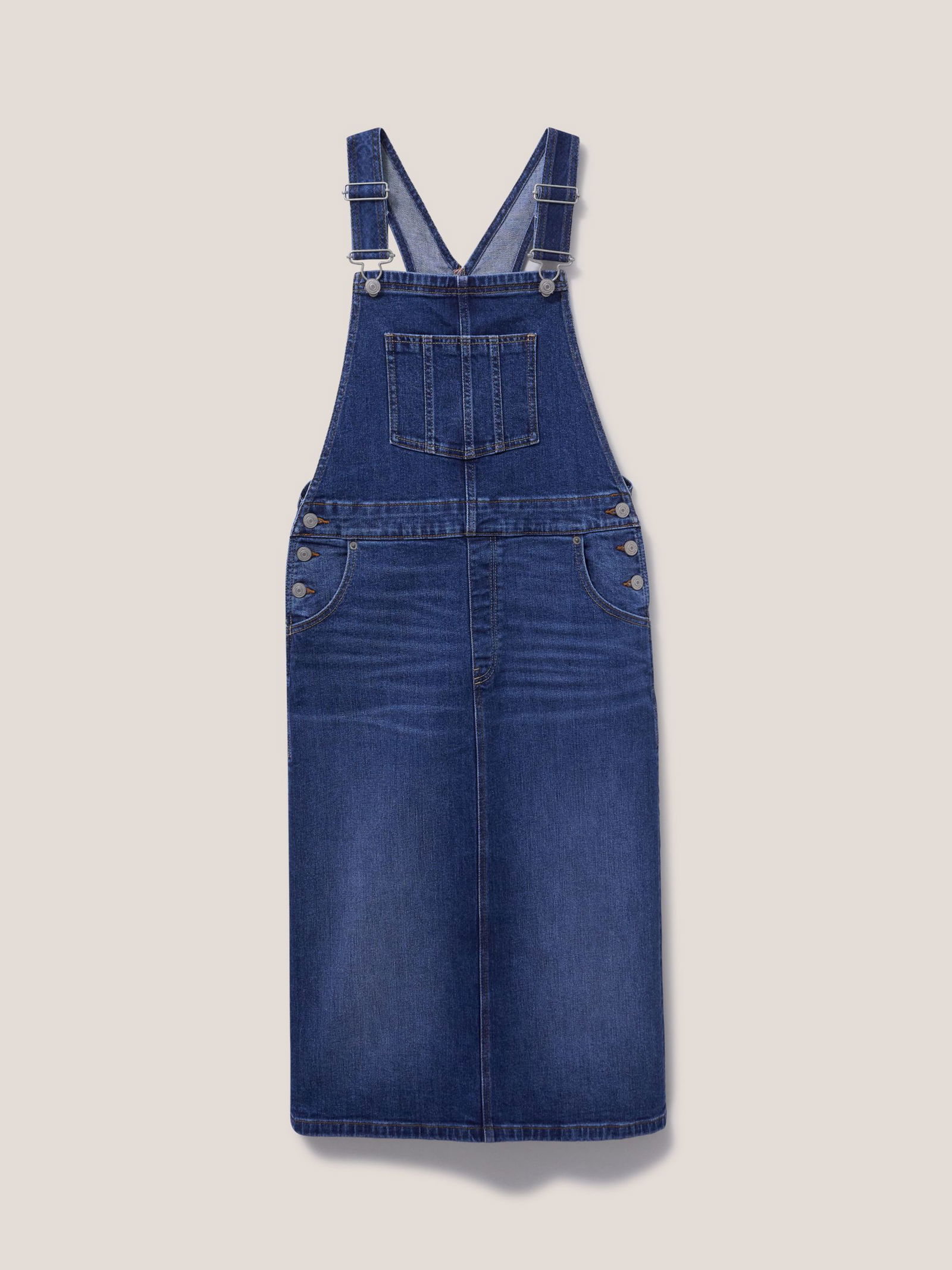 WHITE STUFF Emmie Denim Midi Pinny in Mid Blue | endource