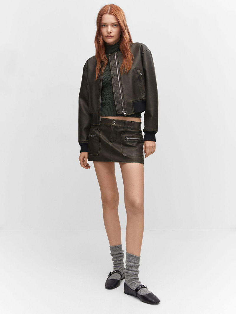 MANGO Fantasia Faux Leather Effect Bomber Jacket in Brown | endource