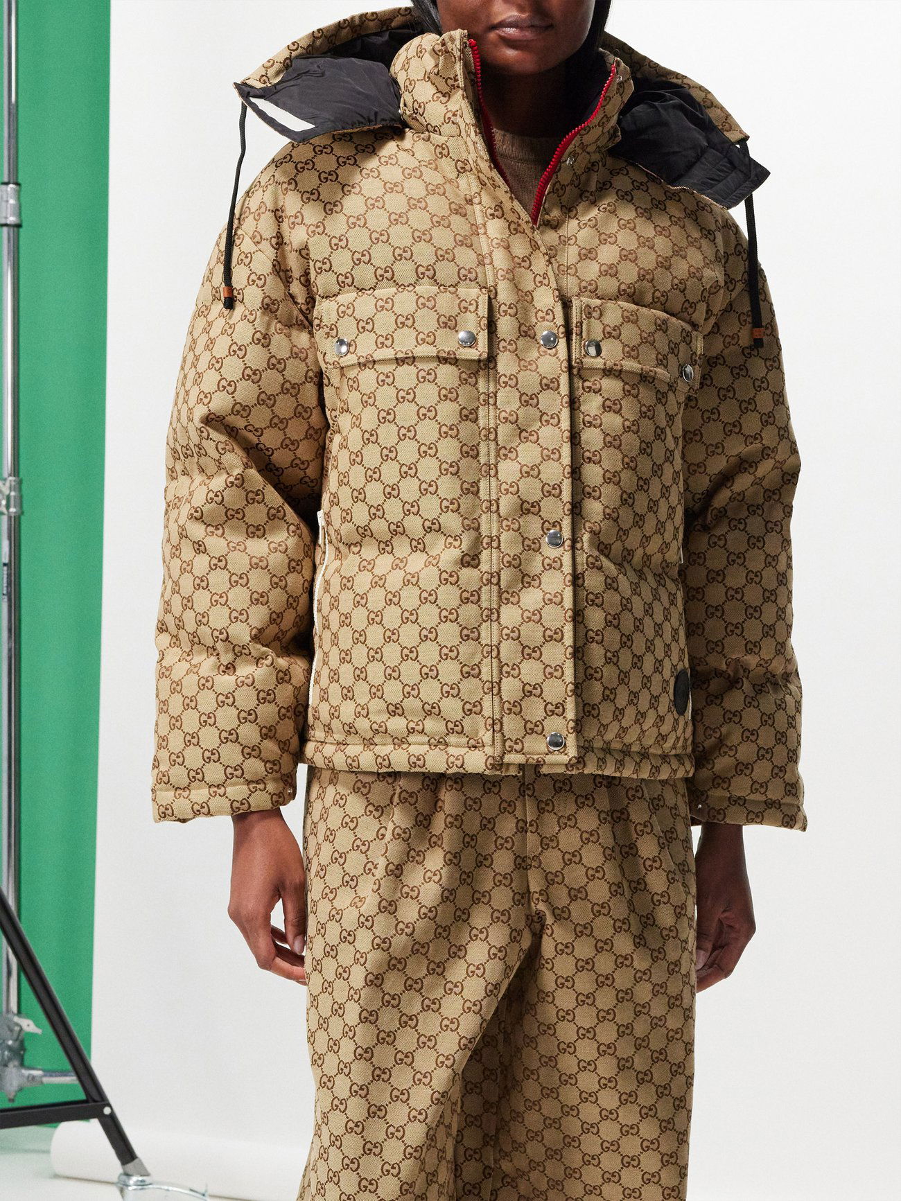 GUCCI Detachable-Hood GG-Canvas Down Jacket in Camel | endource