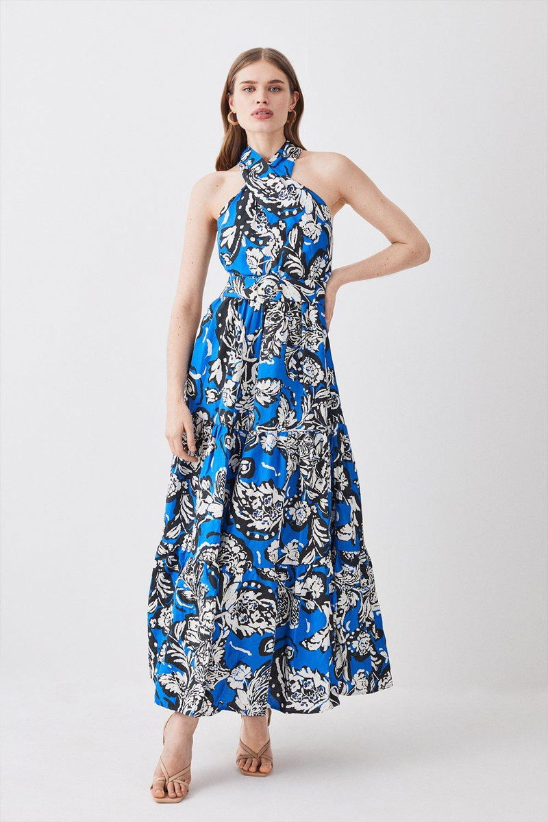 KAREN MILLEN Batik Viscose Linen Belted Halterneck Midi Dress in Blue ...