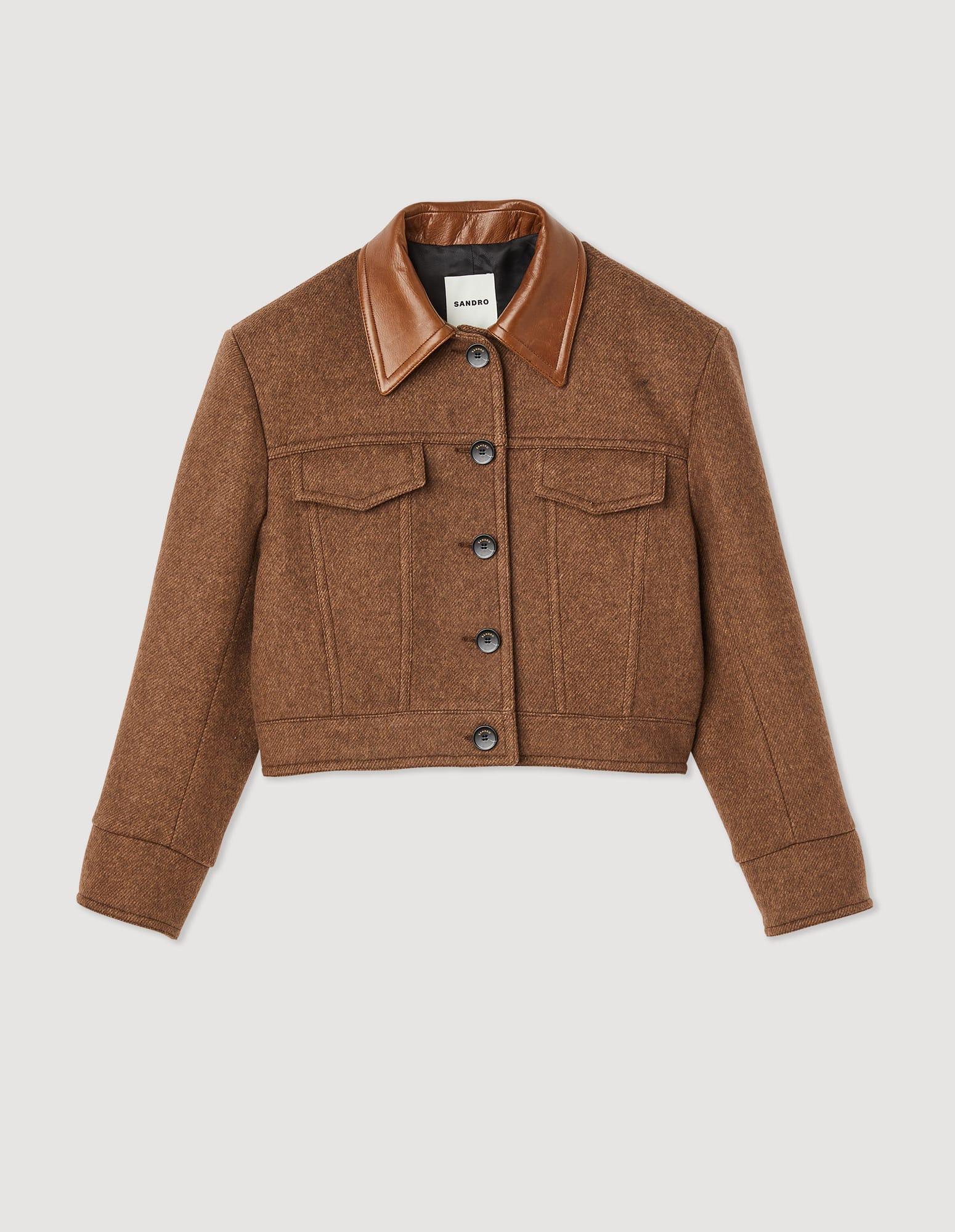 SANDRO Short Coat With Leather Collar in Forest Brown | endource