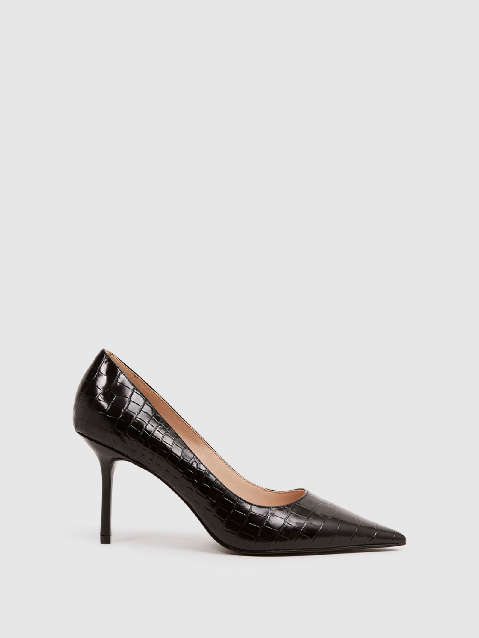 REISS Elina Mid Heel Leather Court Shoes in Black | Endource