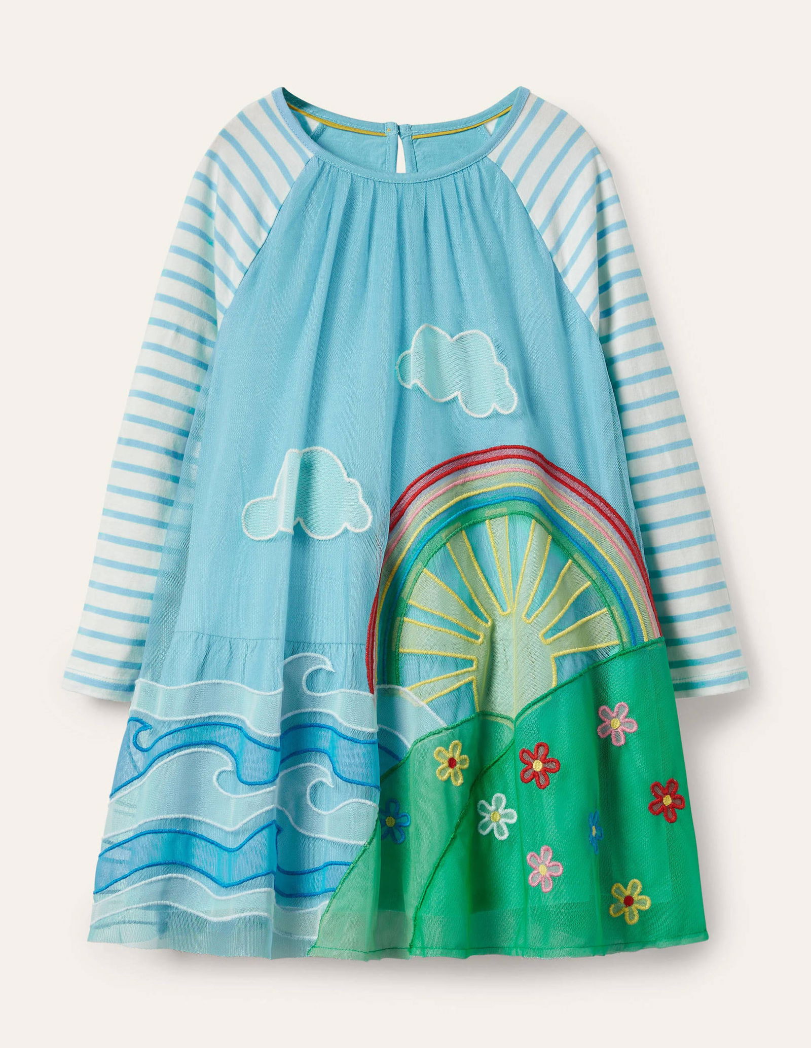 BODEN Jersey Tulle Scene Dress in Aqua Blue Weather Scene | Endource
