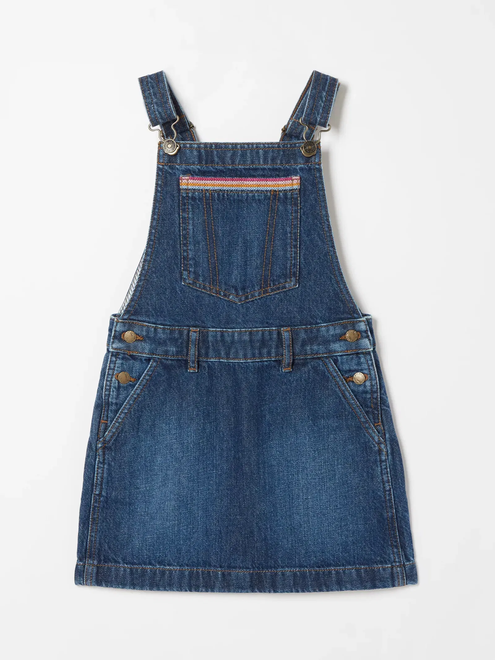 FATFACE Rainbow Embroidered Pinny Dress in Dark Wash | Endource