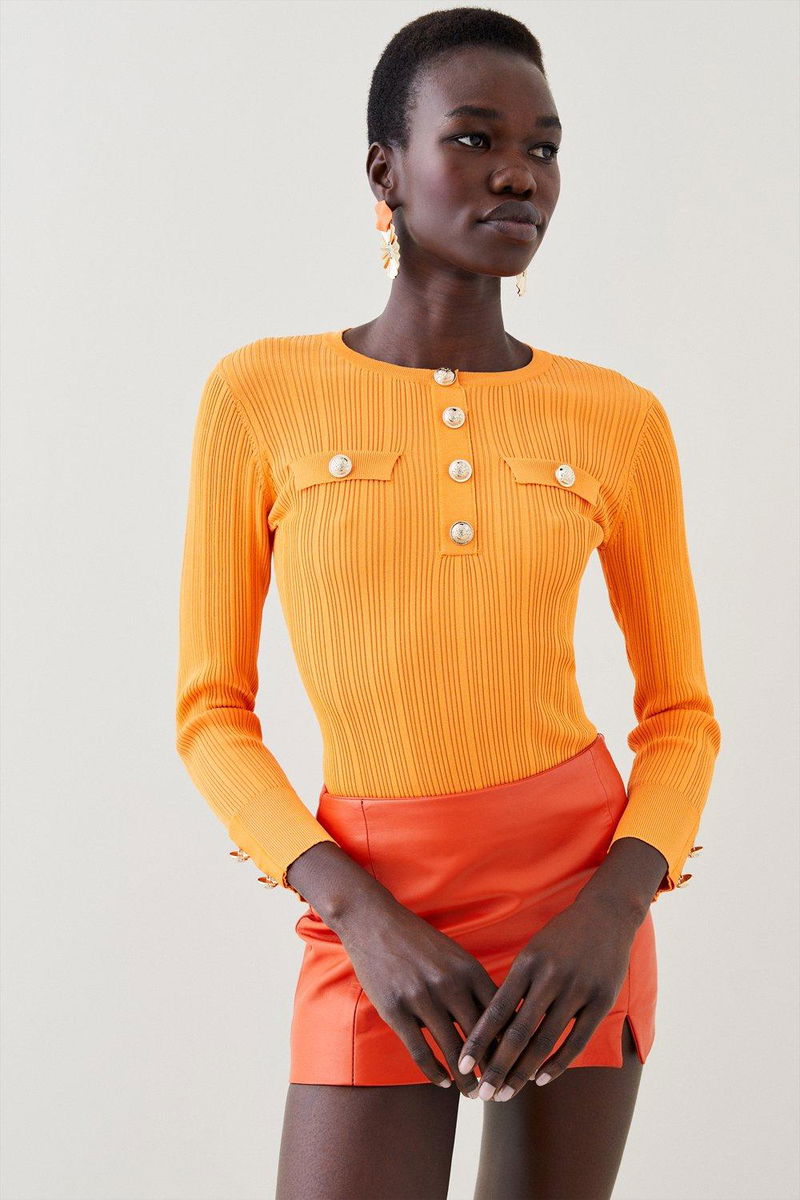 Karen Millen Military Rib Knit Top In Orange Endource