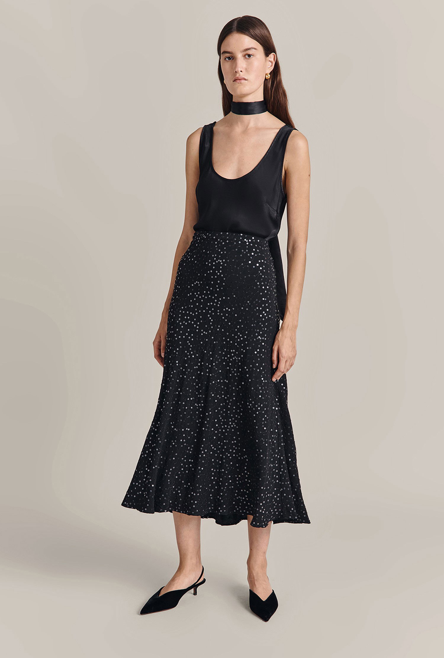 GHOST Eva Sequin Crepe Midi Skirt | endource