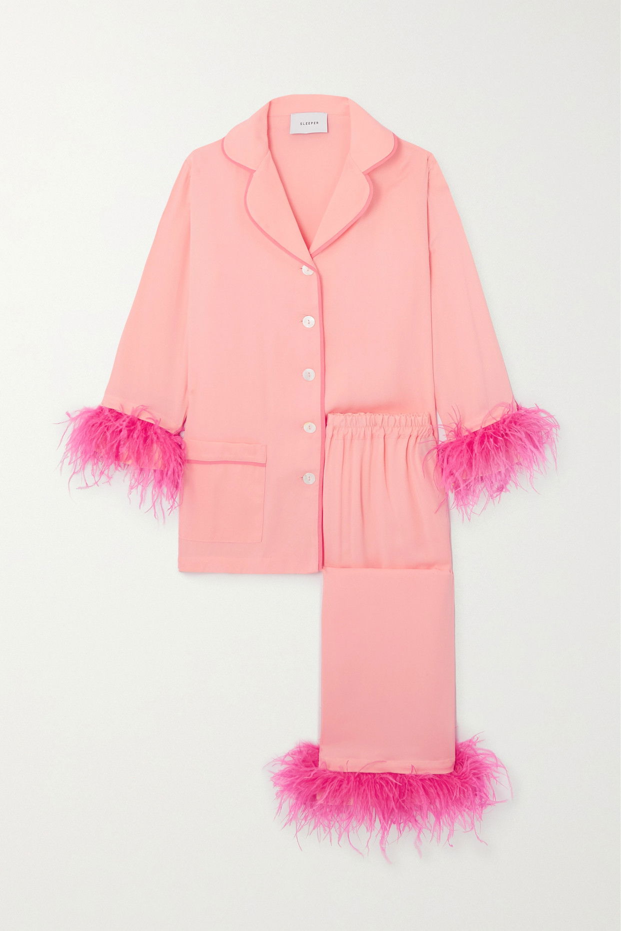 SLEEPER Party Feather-Trimmed Pajama Set in Pink | endource
