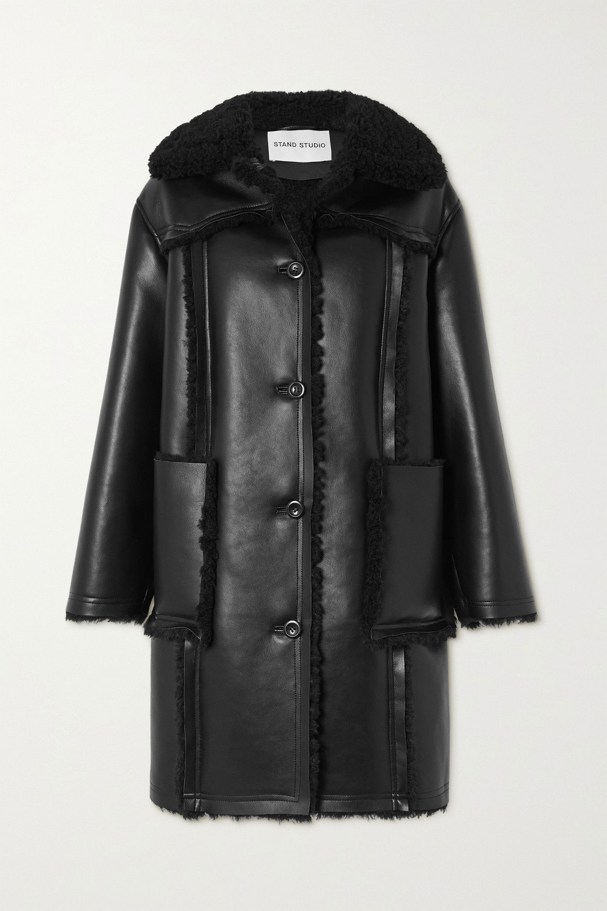 STAND STUDIO Rodeo Faux Fur-Trimmed Faux Leather Coat in Black | endource