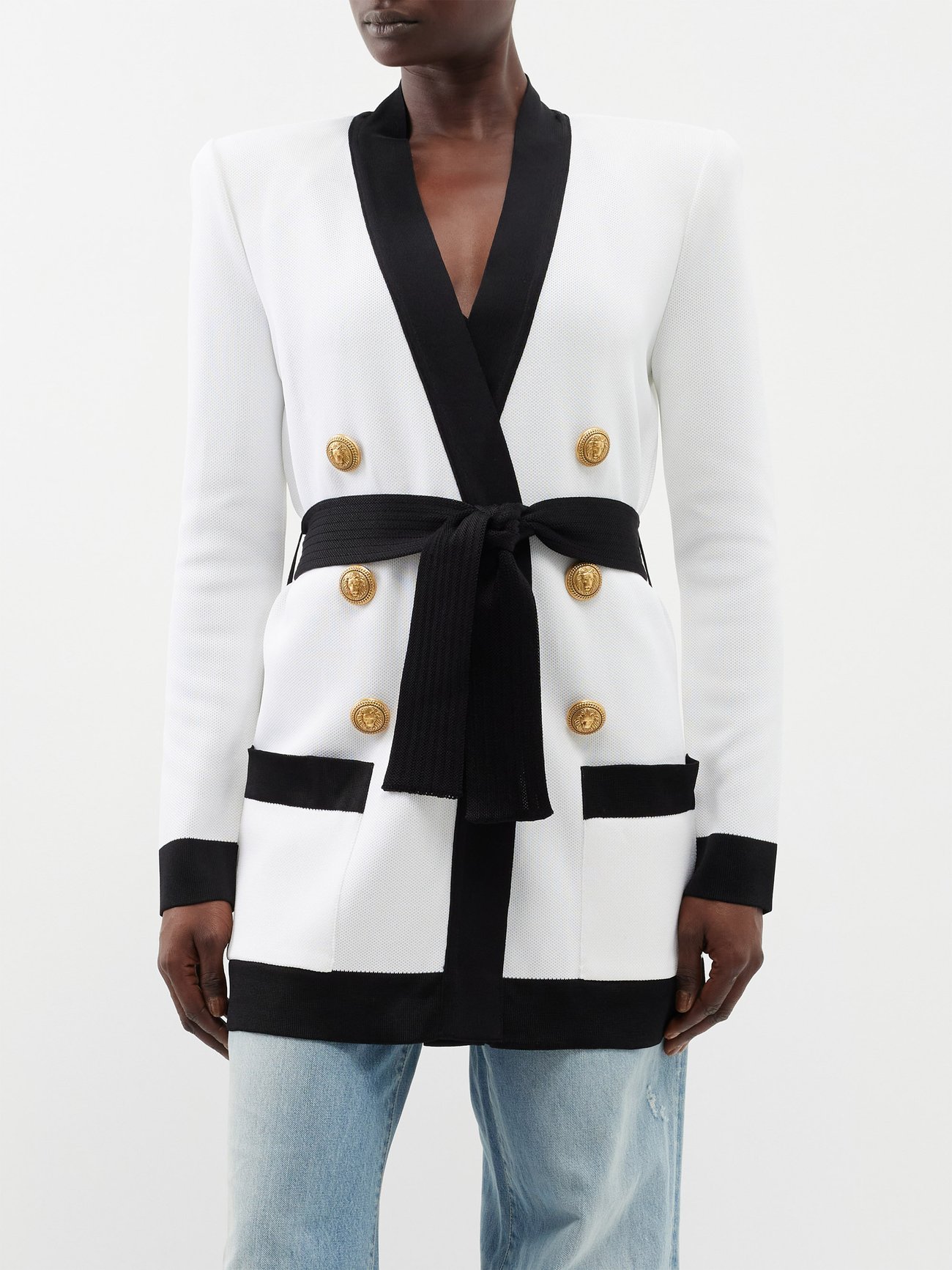 BALMAIN V-Neck Belted Piqué Cardigan in White | endource