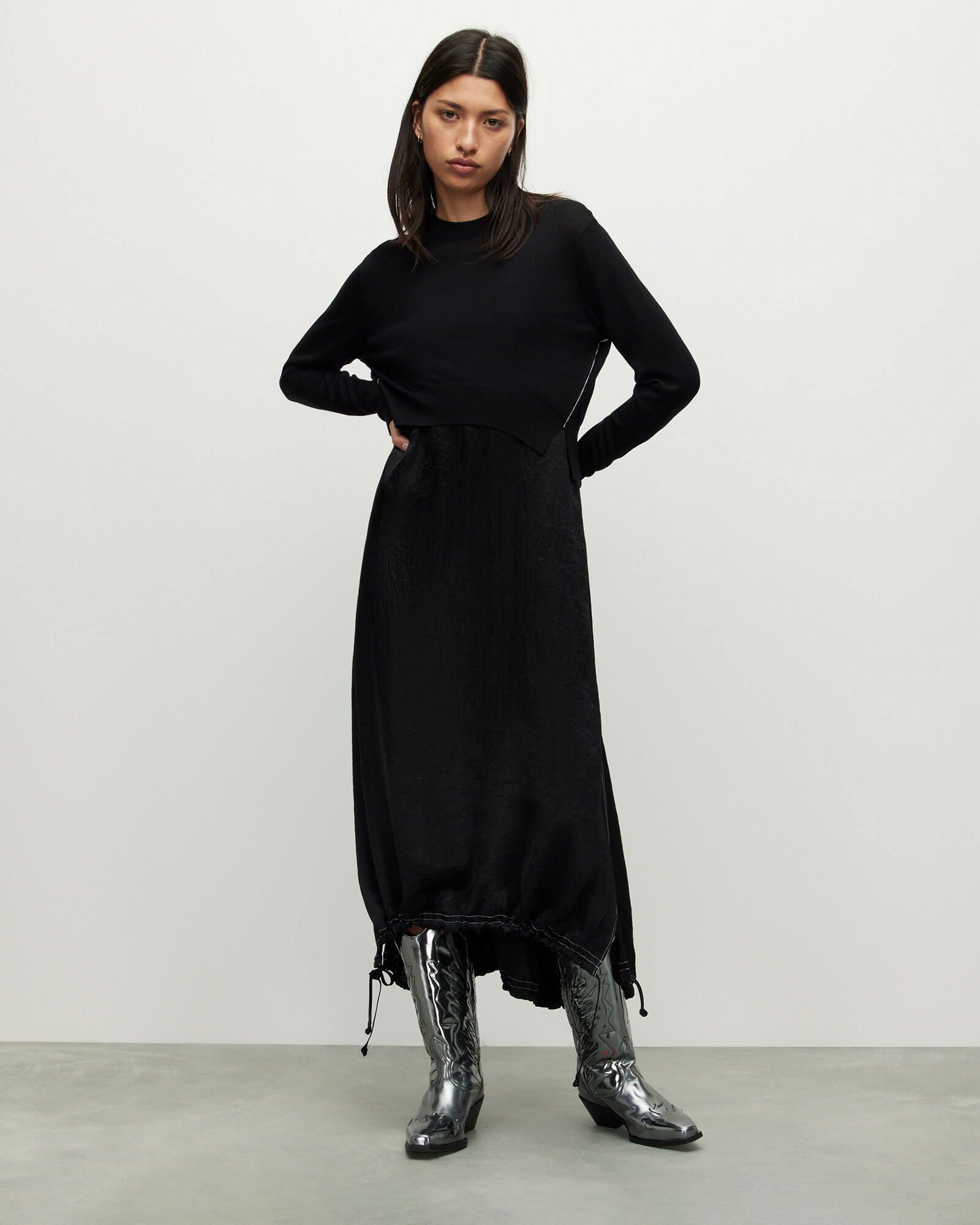 ALLSAINTS Bee 2-In-1 Drawstring Hem Dress in Black | Endource