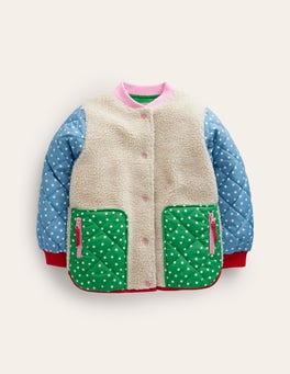 BODEN Borg Mix Bomber Jacket in Ivory / Colourblock Spot | Endource