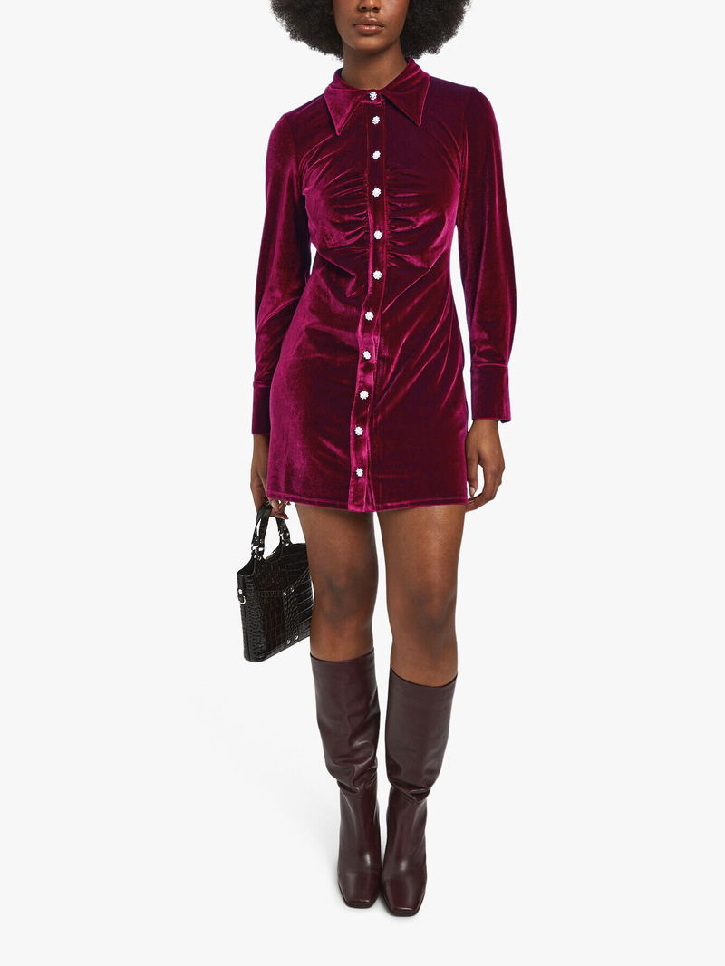 Kitri Brooke Velvet Mini Shirt Dress In Berry Endource
