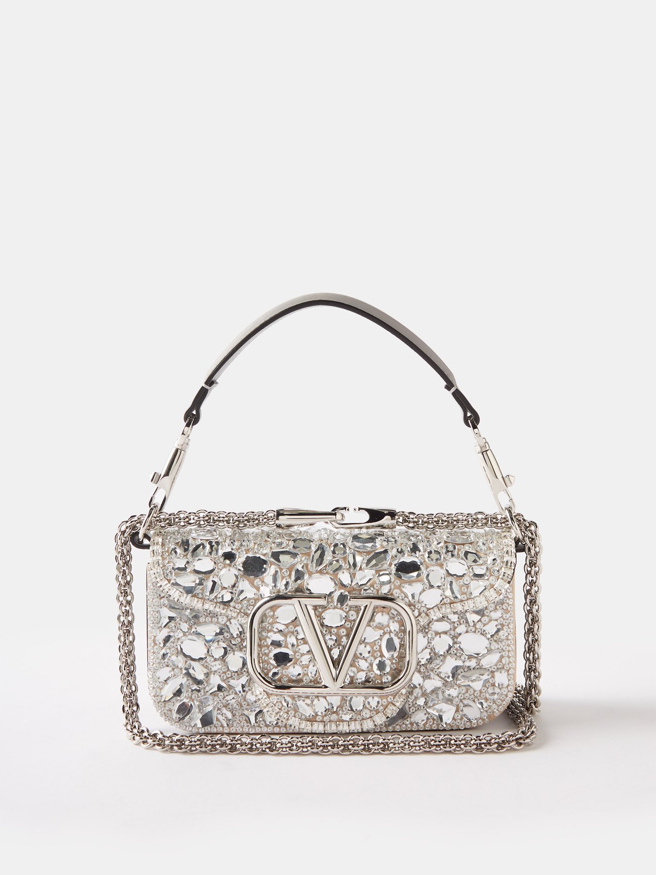 Valentino Locò Small V-Logo Crystal-Embellished Shoulder Bag in Silver ...
