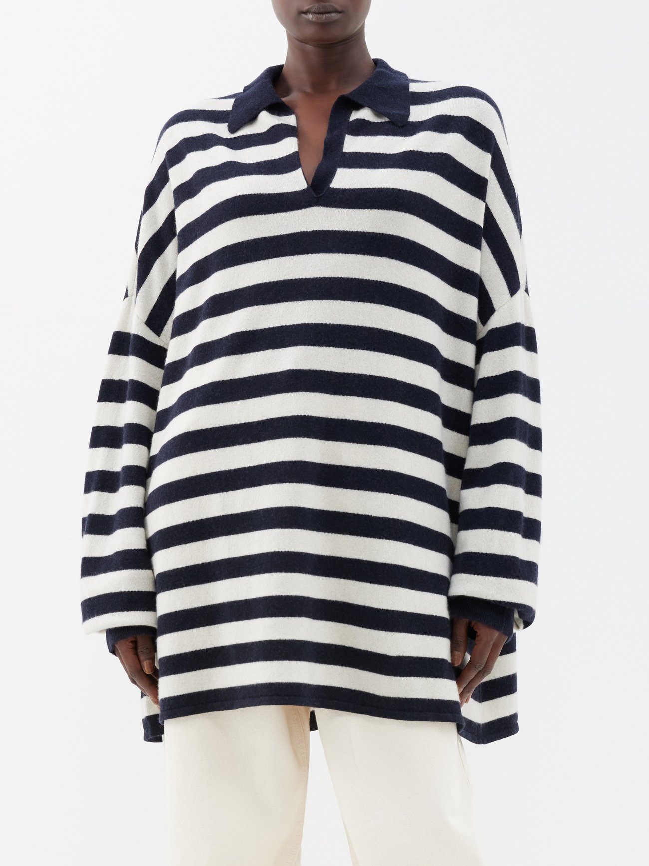 RAEY Oversized Striped Cashmere Rugby Shirt in Navy | endource