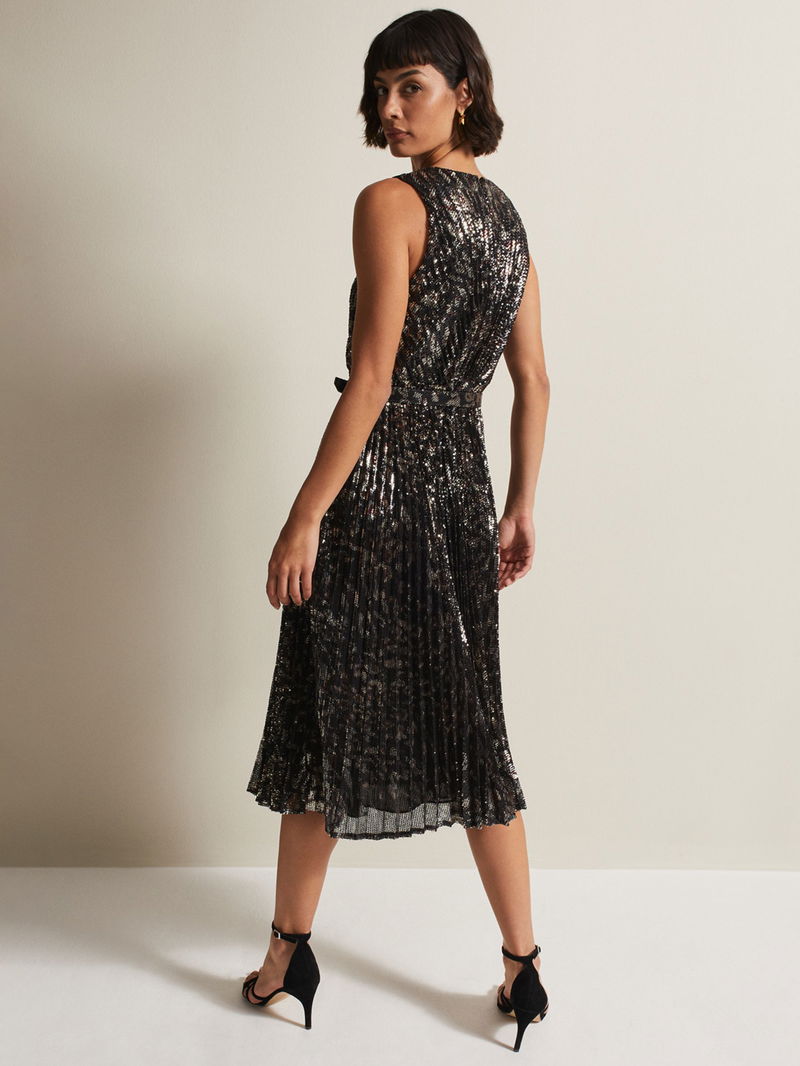 Phase Eight Simara Leopard Sequin Pleated Midi Dress | Endource