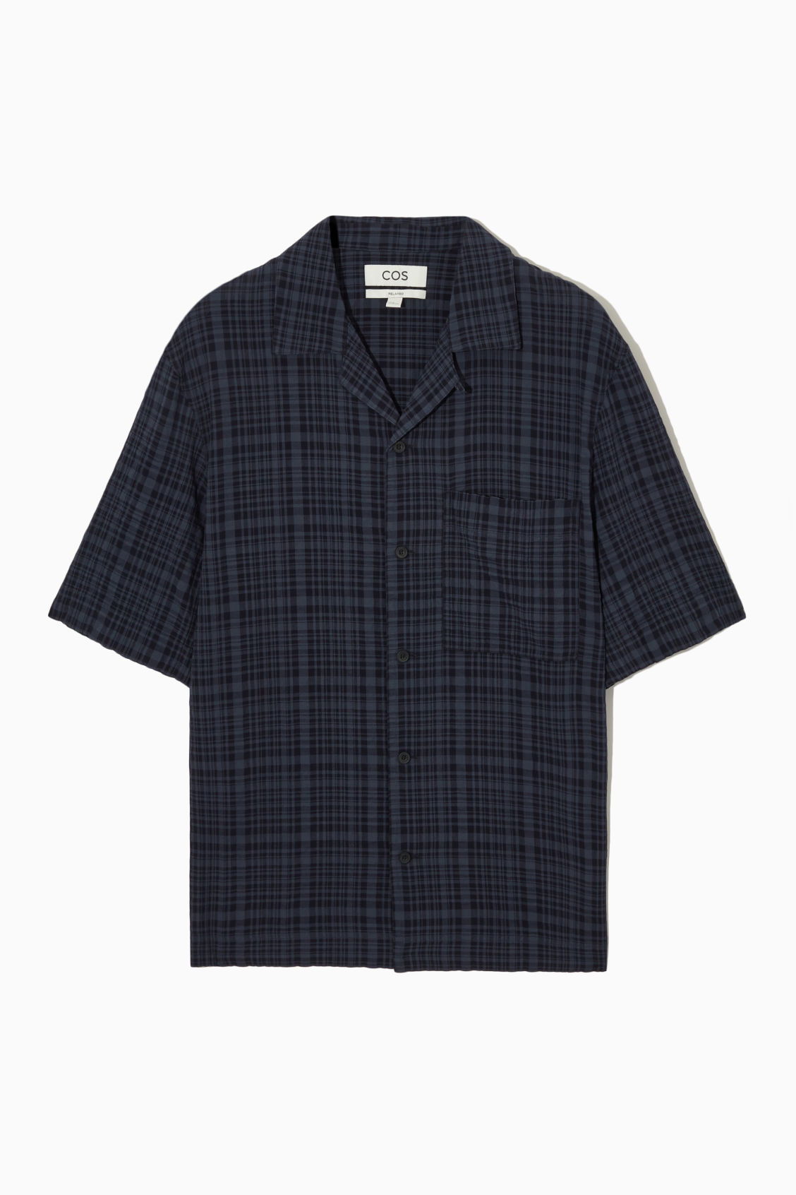 COS Checked Seersucker Camp-Collar Shirt in NAVY / CHECKED | endource