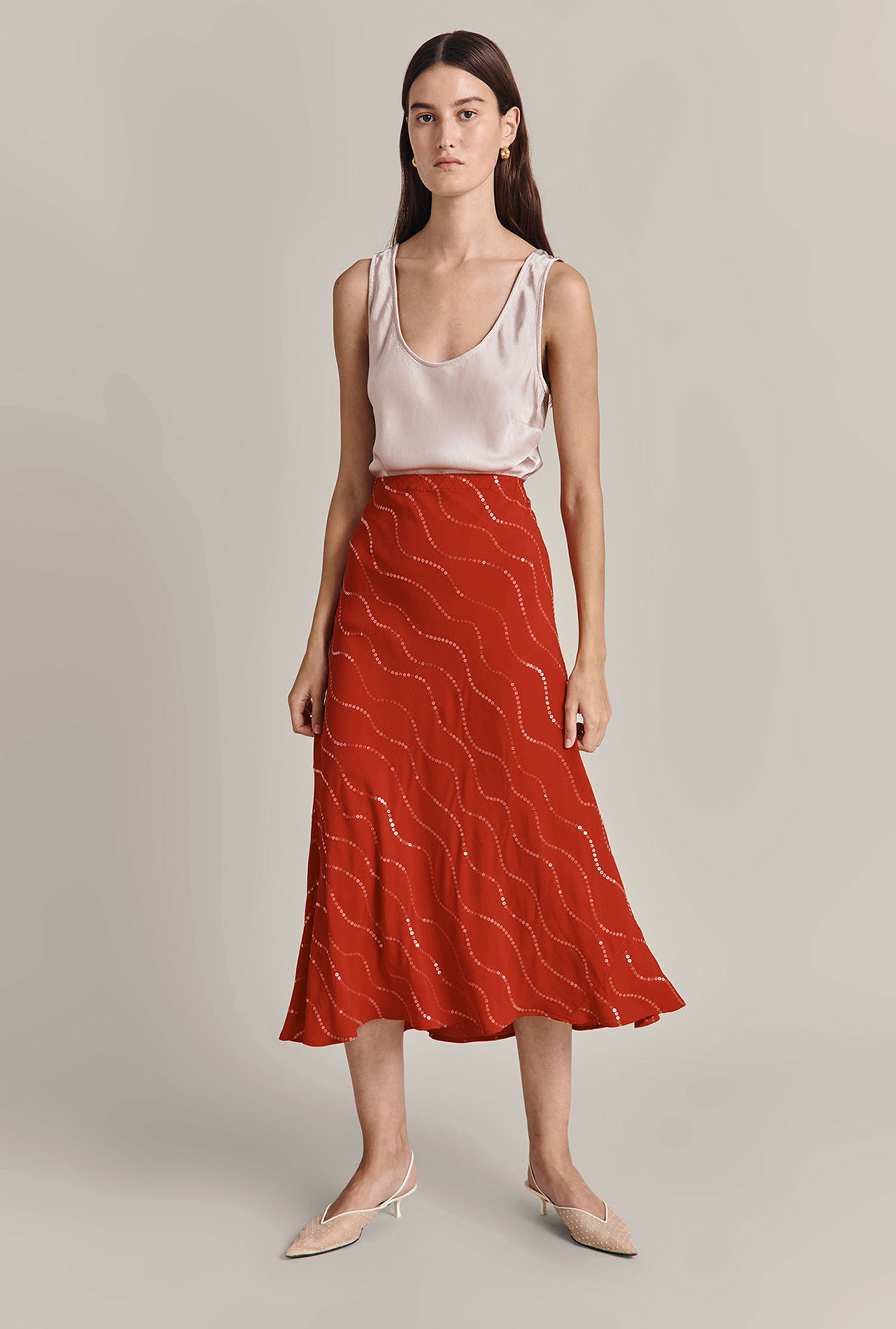 GHOST Eva Sequin Crepe Midi Skirt | Endource