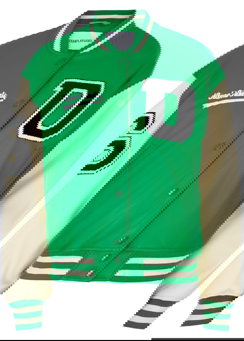 STAND STUDIO Fallon Faux Leather Varsity Jacket | endource