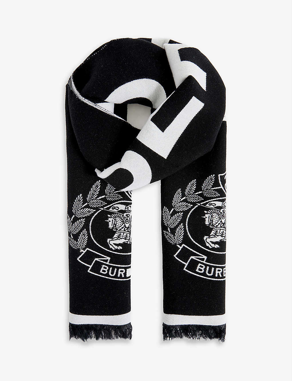 BURBERRY Logo-Crest Wool And Silk-Blend Football Scarf in MONOCHROME ...