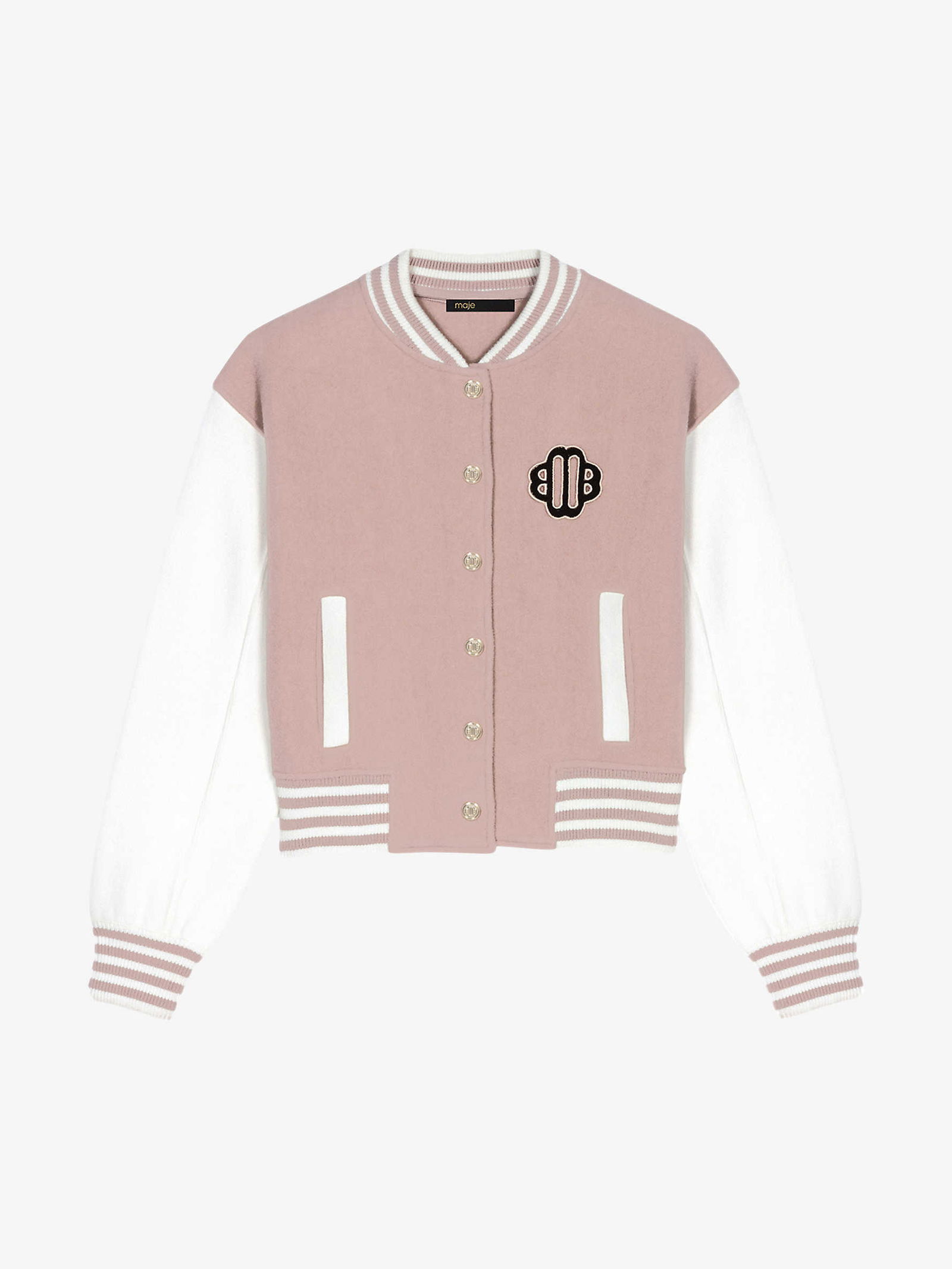 MAJE Logo-Embroidered Contrast-Sleeve Bomber Jacket in Naturels | endource