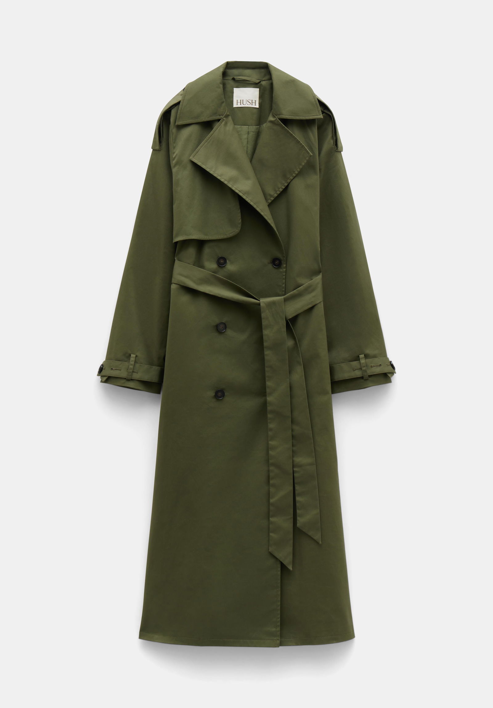 HUSH Stella Long Trench Jacket in Khaki | endource