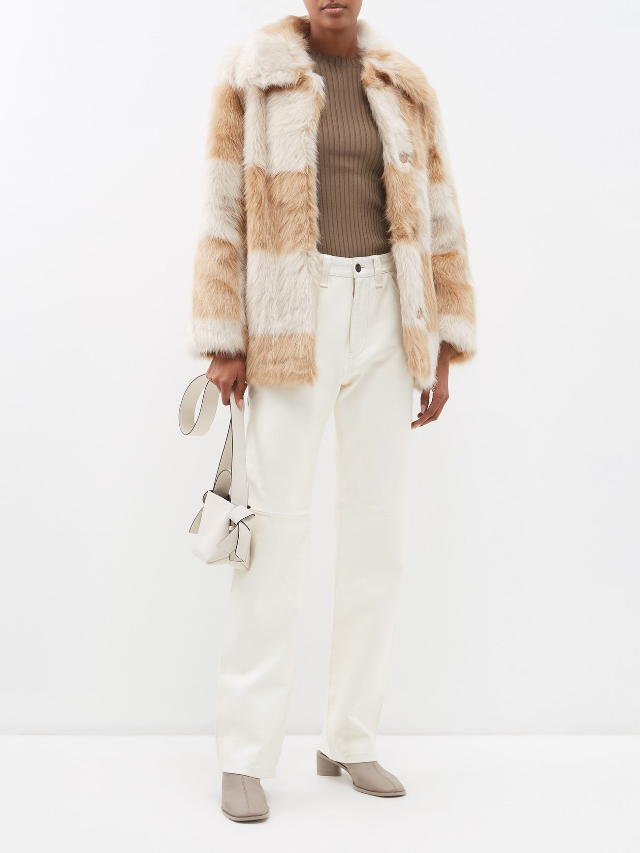 STAND STUDIO Nani Checkboard Faux-Fur Jacket in Beige | endource