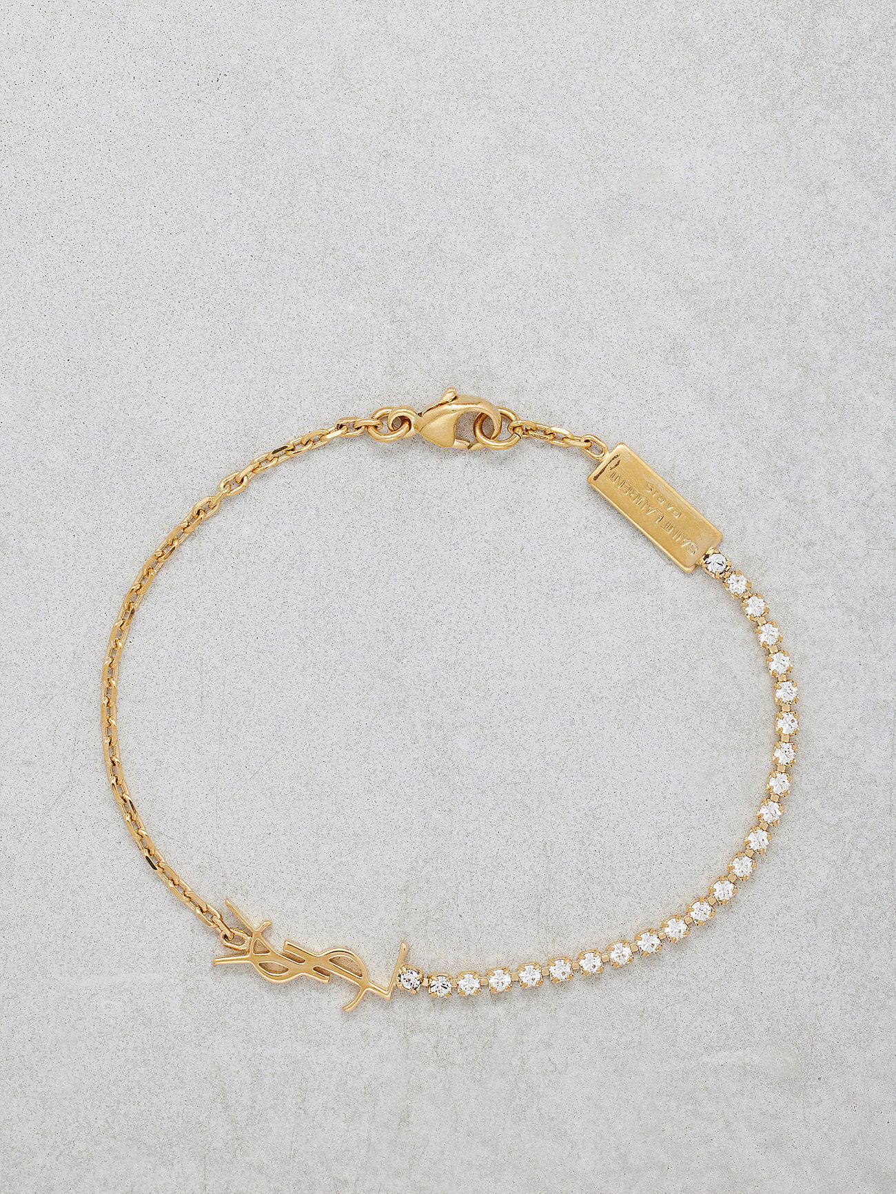 SAINT LAURENT YSL-Charm Crystal-Embellished Bracelet in Gold | endource