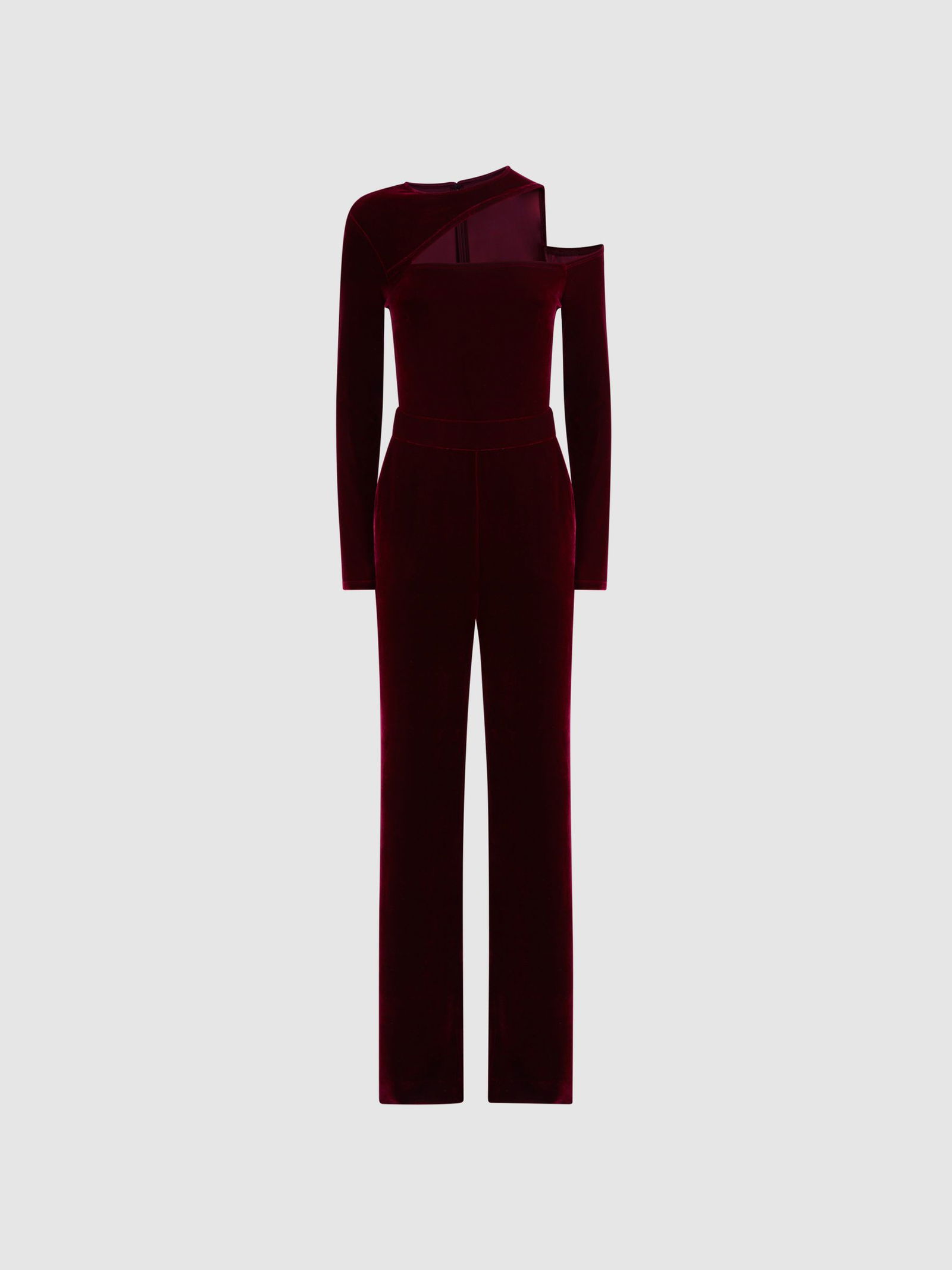 REISS Adele Velvet Fitted Cut-Out Jumpsuit in Berry | endource