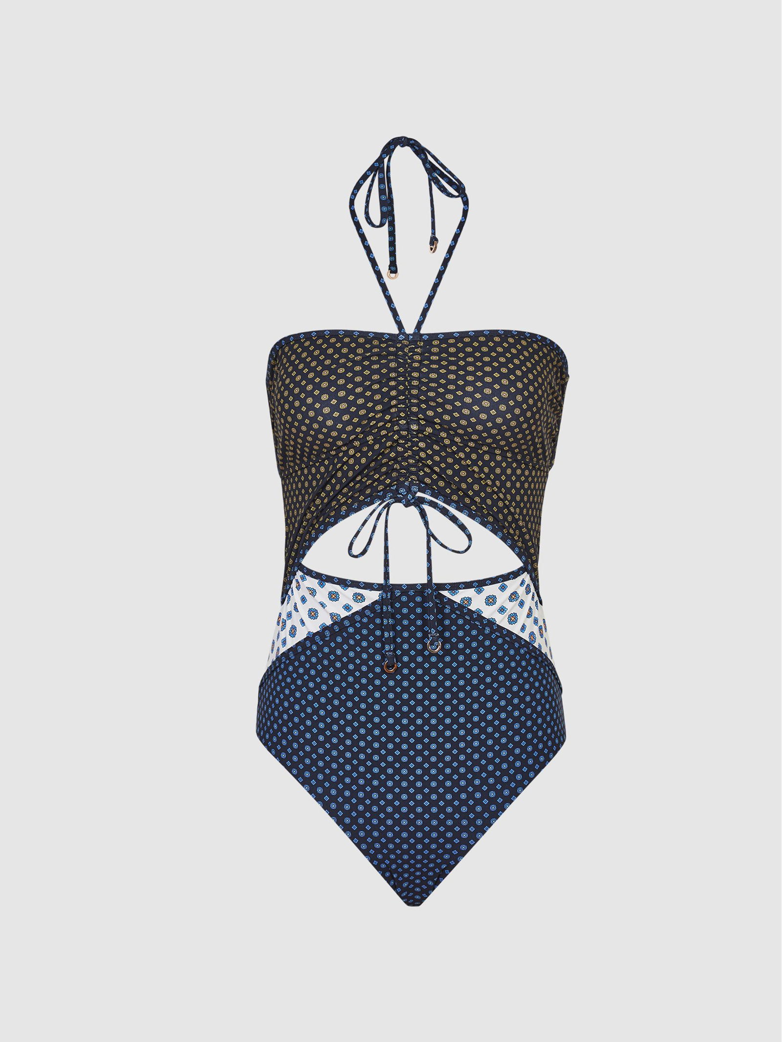 REISS Megan Printed Bandeau Swimsuit in Blue | endource