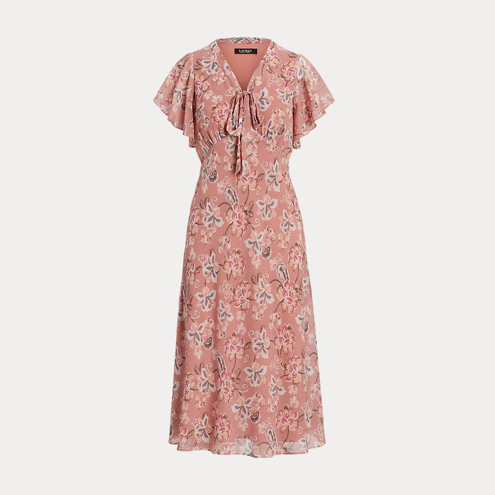 LAUREN RALPH LAUREN Floral Crinkle Georgette Tie-Neck Dress in Pink ...