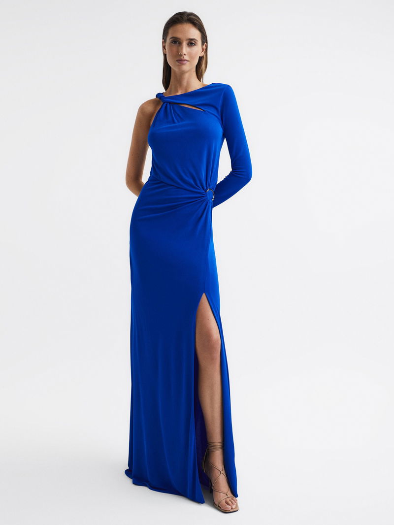 REISS Catalina Cut Out Hardware Detail Jersey Maxi Dress in Blue | Endource