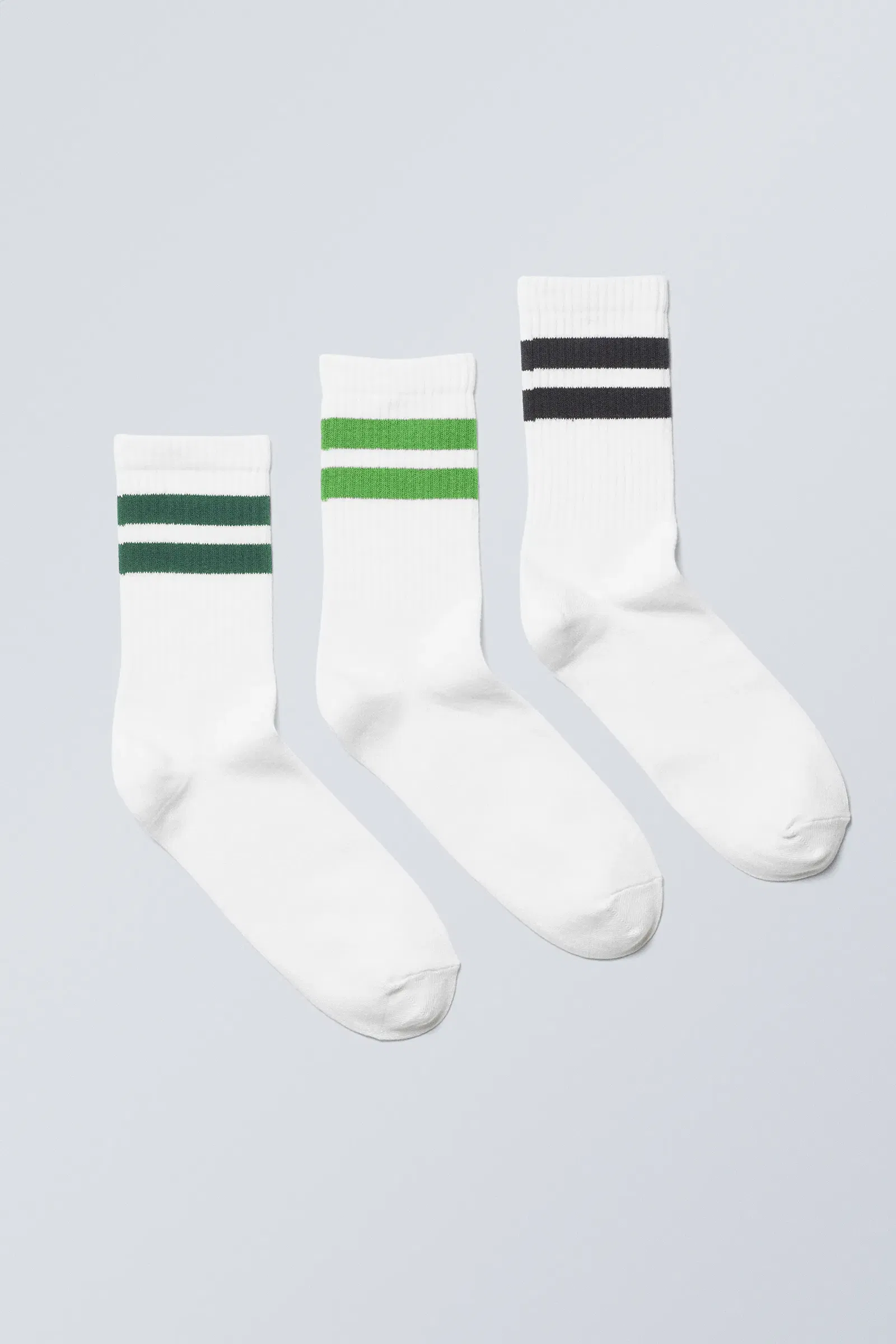 WEEKDAY Striped Sport Socks, 3-Pack in Black Green Dark Green Stripes ...