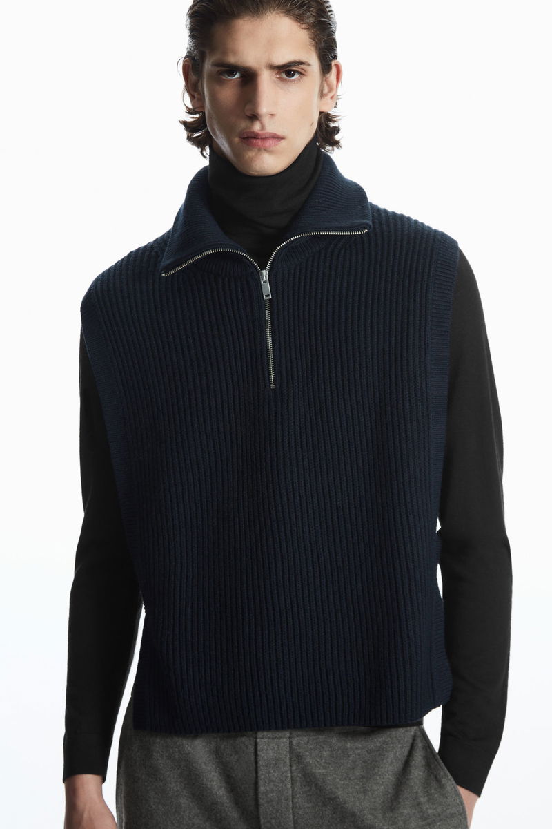 COS Zip-Front Knitted Hybrid Vest in NAVY | endource
