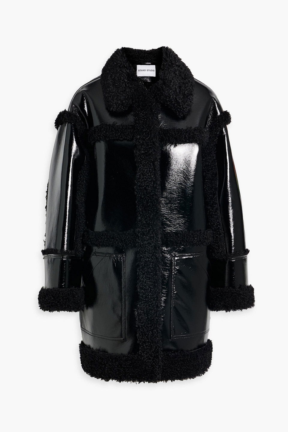 STAND STUDIO Elsie Faux Shearling-Trimmed Vinyl Coat in Black | endource