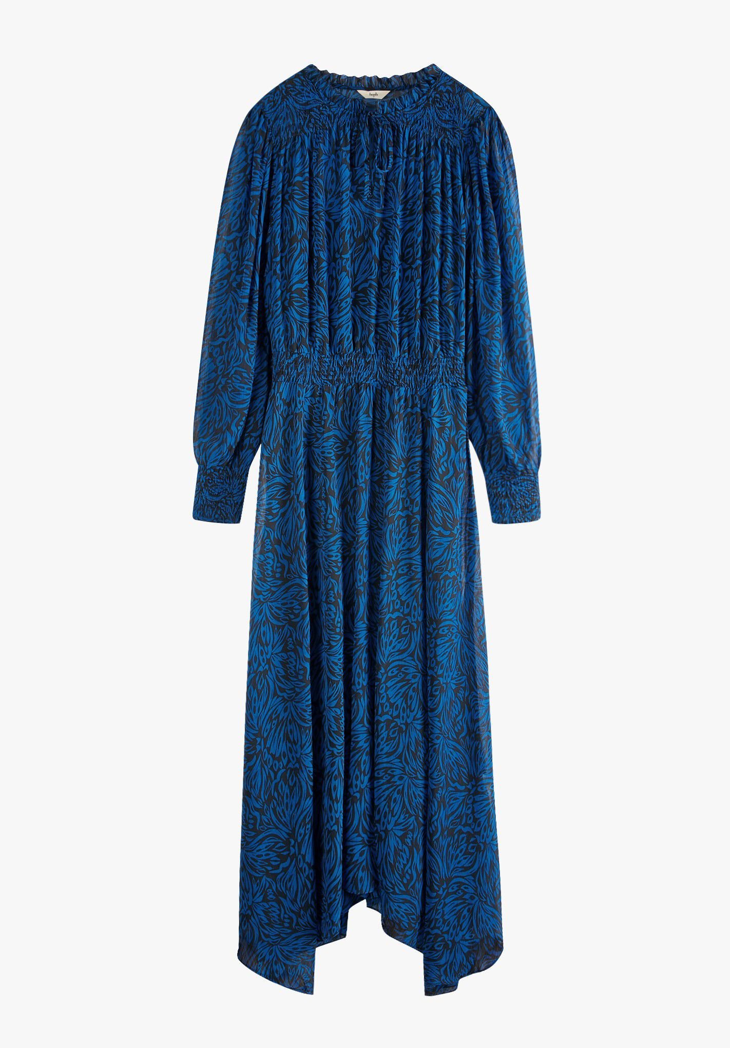 HUSH Valerie Gathered Midi Dress in Bold Butterfly Black/Blue | endource