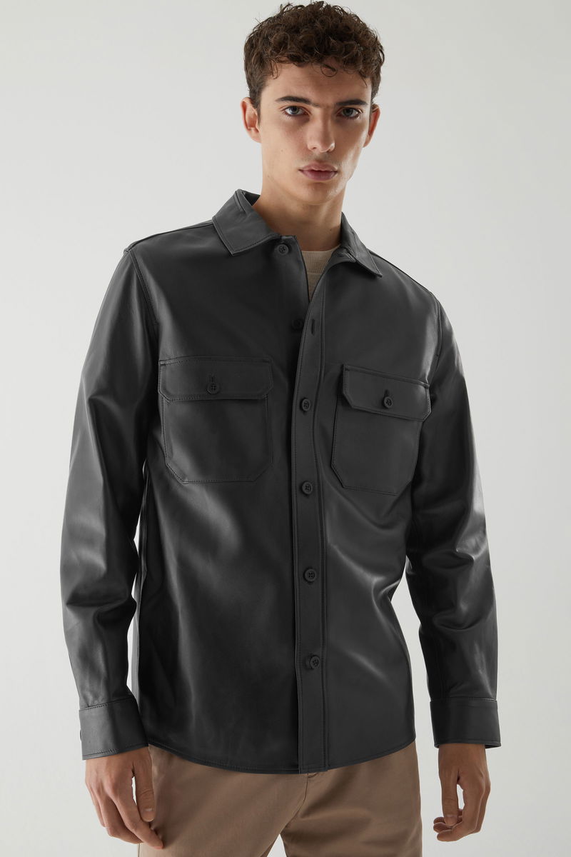 COS Lamb Leather Overshirt in black | endource