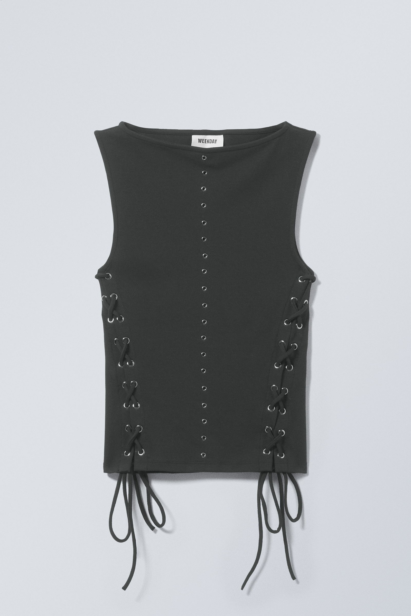WEEKDAY Sleeveless Lacing Boat-Neck Eyelet Top in Black | endource
