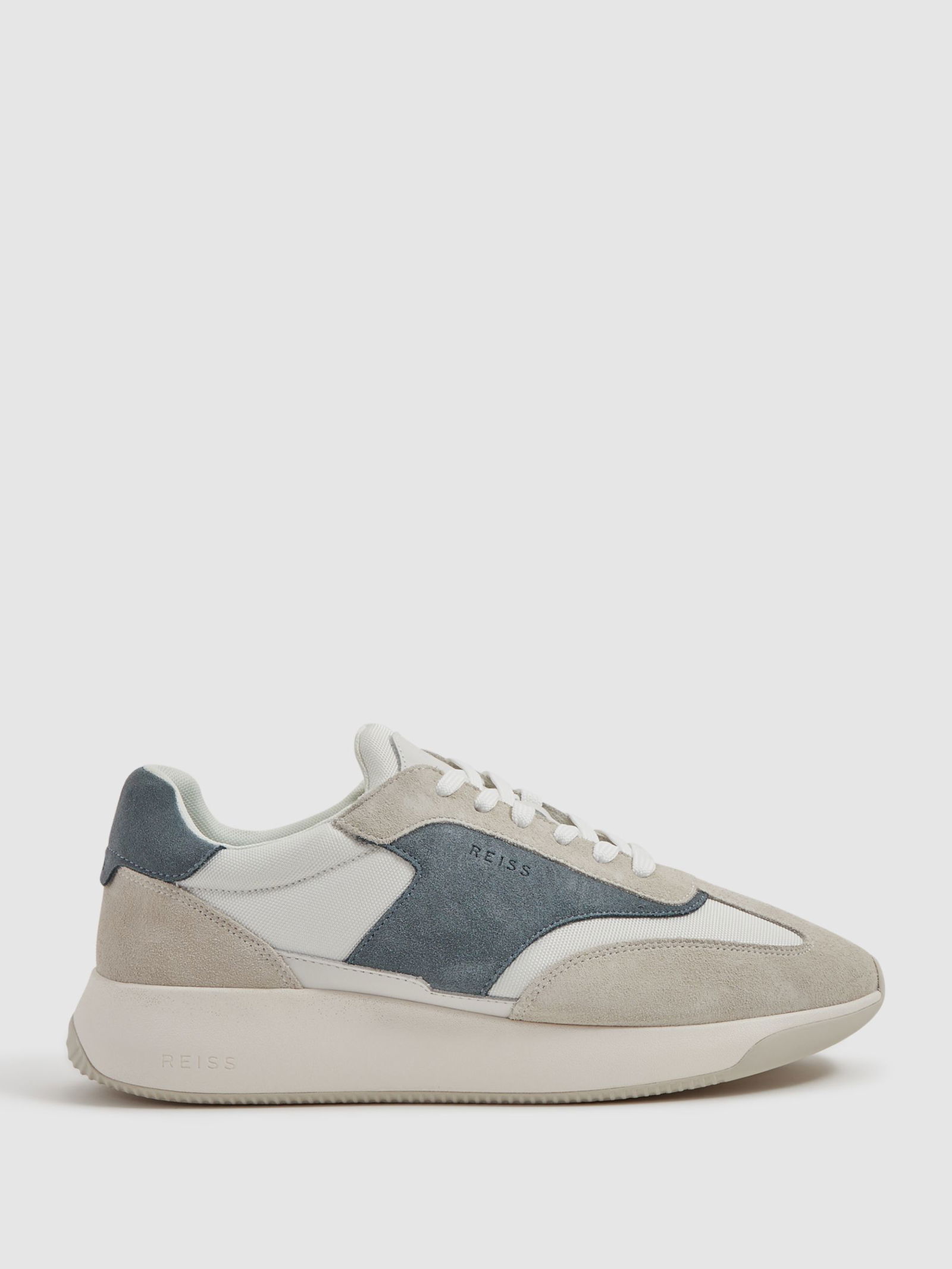 REISS Emmett Leather Suede Running Trainers in Airforce Blue | endource