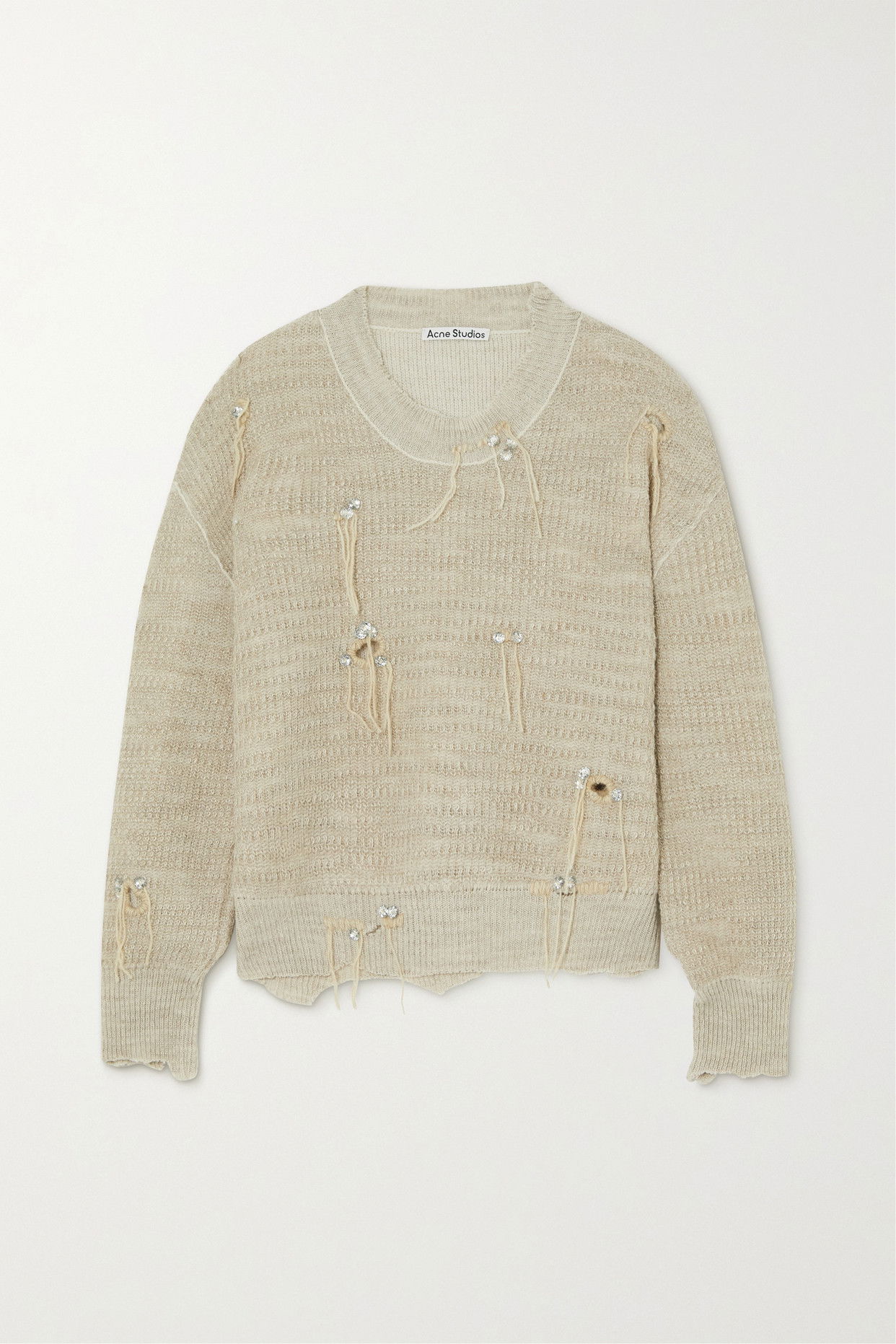 ACNE STUDIOS Crystal-Embellished Distressed Wool-Blend Sweater in Gray ...