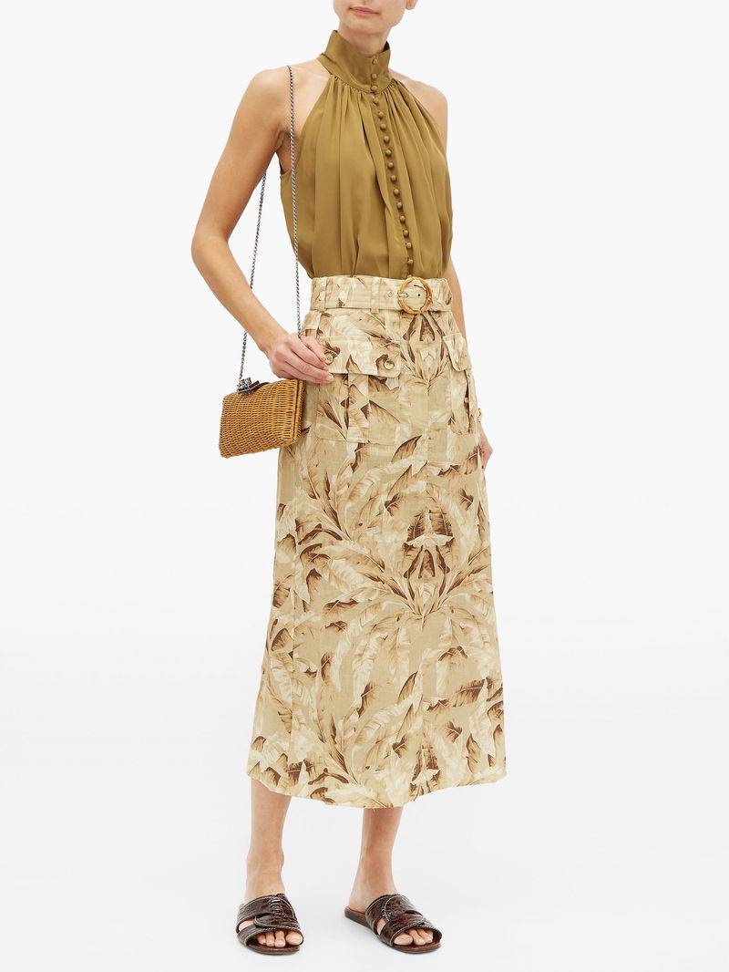 Zimmermann Super Eight Leaf Print Linen Midi Skirt In Tan Endource