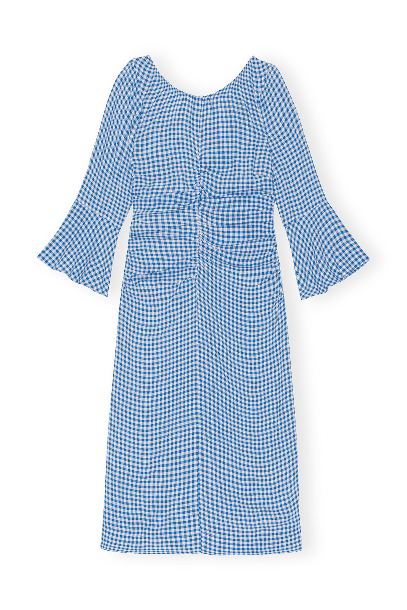 GANNI Printed Gathered Midi Dress in Strong Blue | Endource