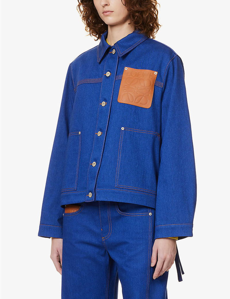 LOEWE Workwear Brand-Patch Boxy-Fit Denim Jacket in BRIGHTBLUE | Endource