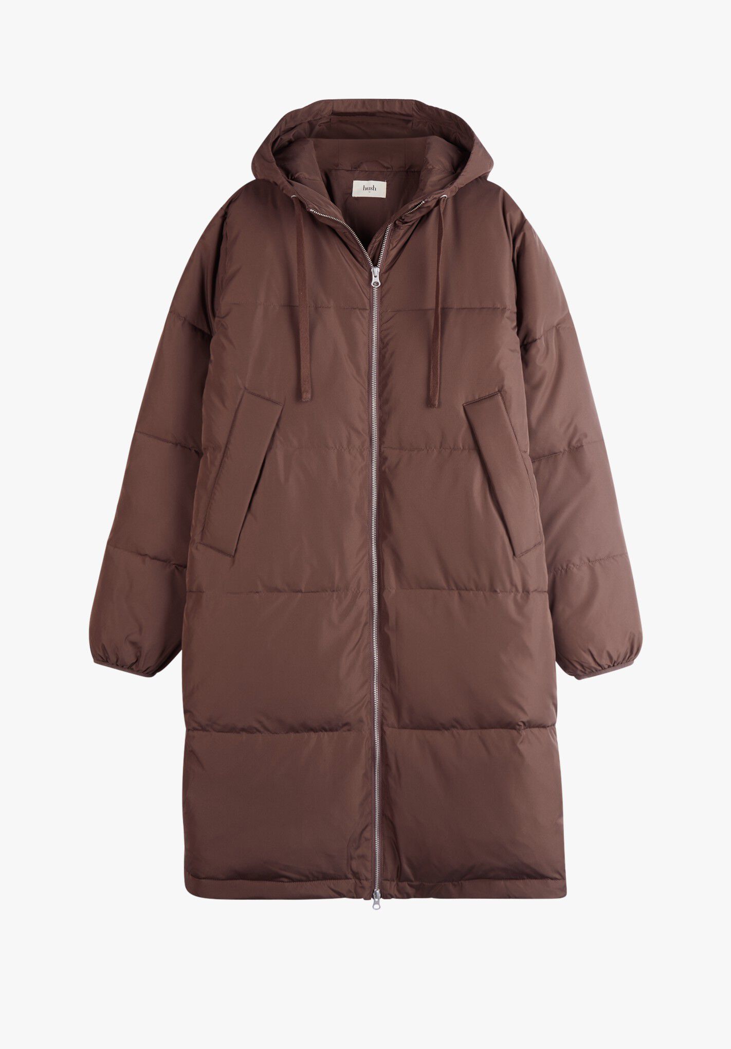HUSH Noelle Longline Puffa Jacket in Chocolate Brown | endource