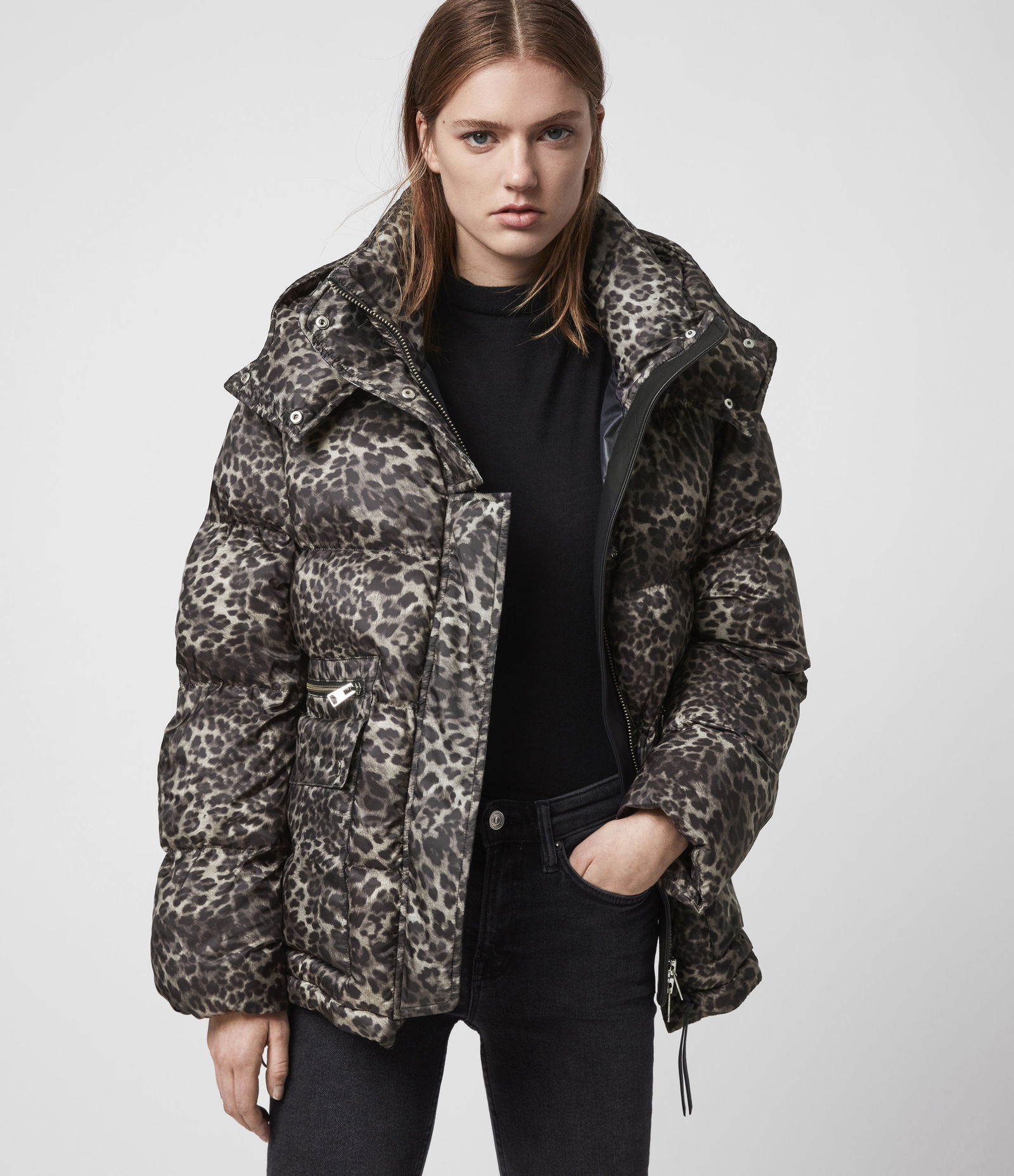 ALLSAINTS Kala Leopard Puffer Coat in Brown | endource