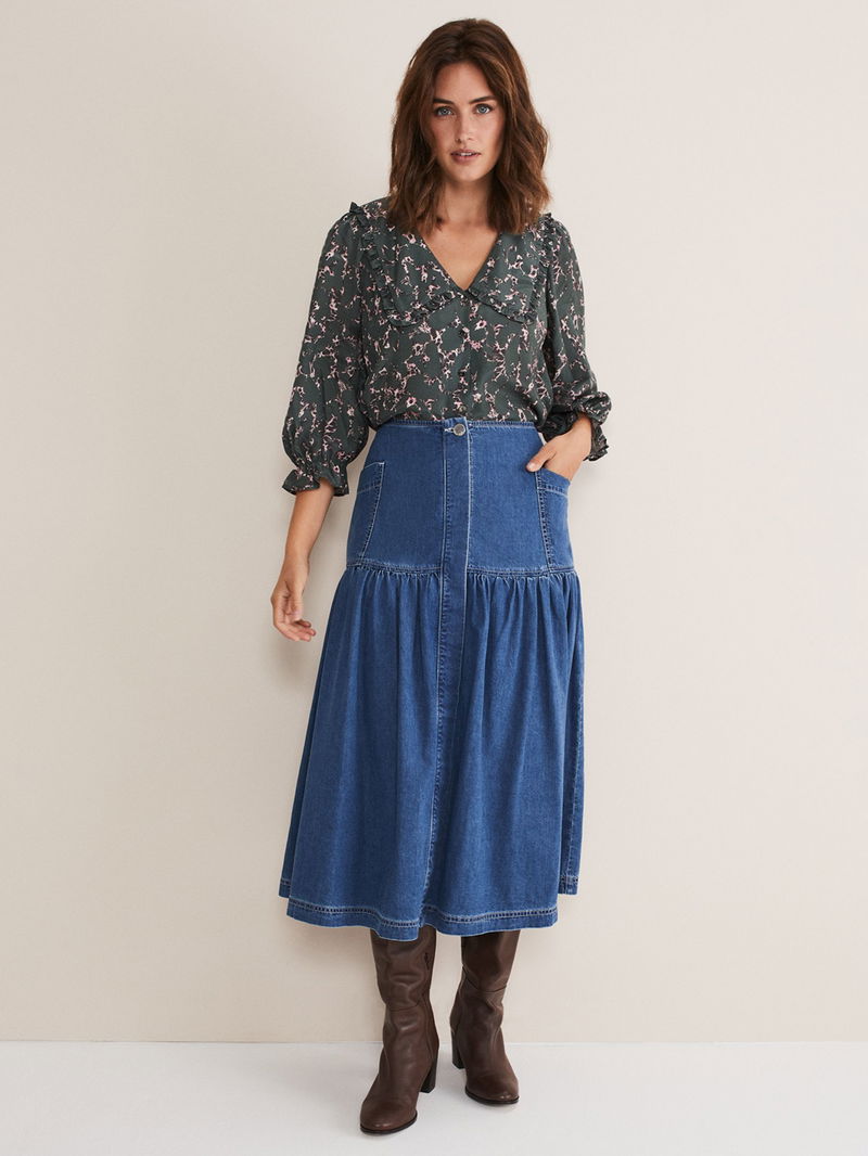PHASE EIGHT Elodie Midi Skirt in Mid Wash Blue | Endource