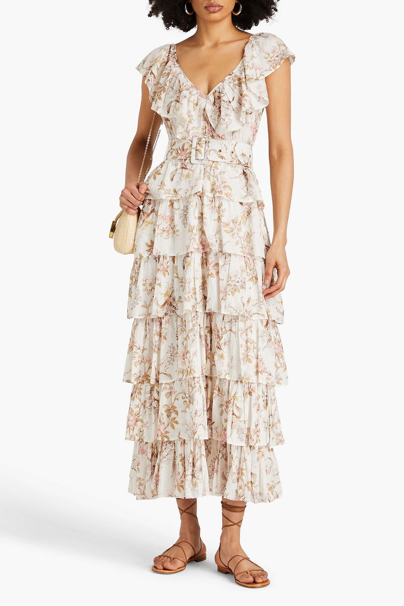 BYTIMO Tiered Floral-Print Maxi Dress in White | Endource