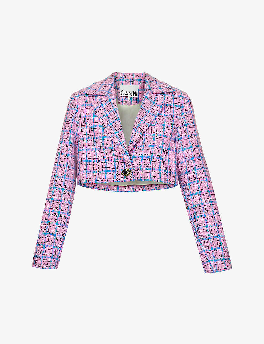 GANNI Check-Print Cropped Jacket in WILD ORCHID | Endource